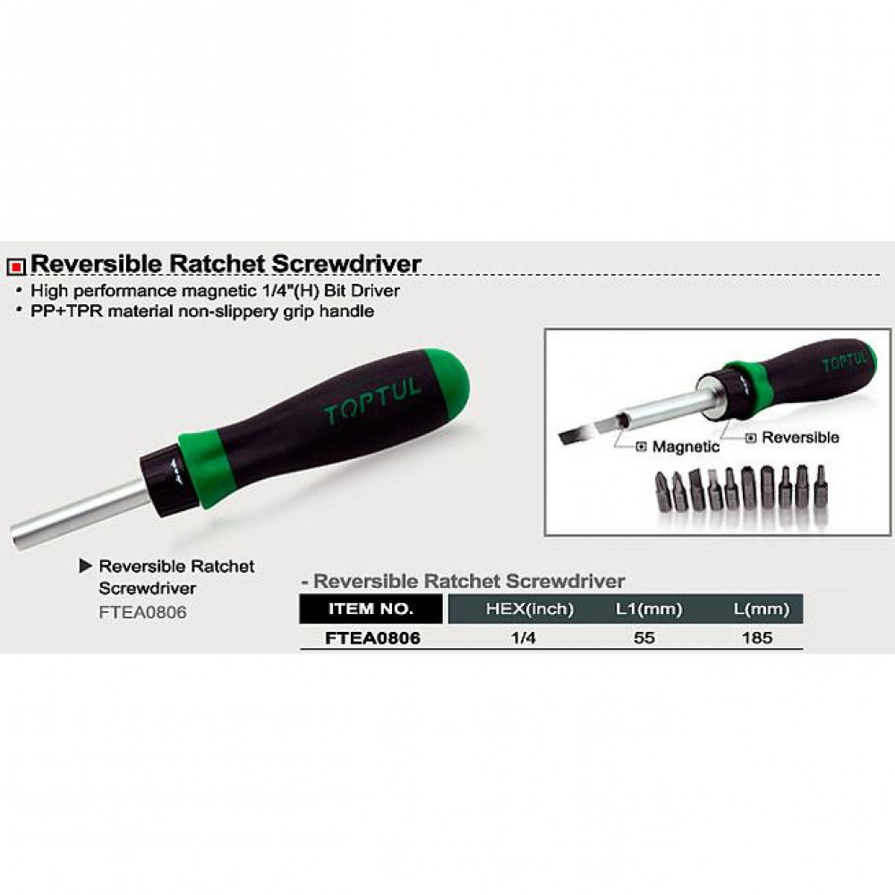 Screwdriver Magnetic Reversable Ratchet 1/4" Hex 55x185mm OAL Toptul ...